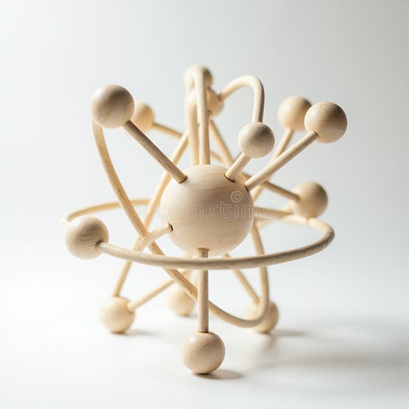 Interconnected Wooden Atom Model with Spheres and Rings on White ...