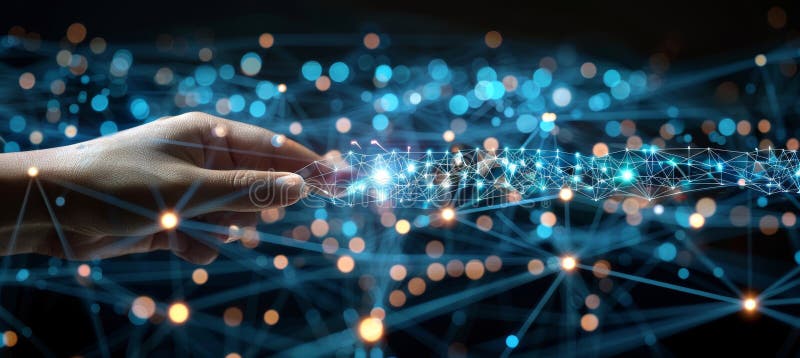 Interconnection Human and Robot Hands Reach Across Glowing Data Streams ...