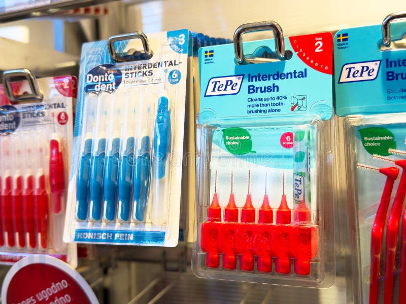 Interdental Brushes Assortment in Retail Packaging on Display Shelf ...