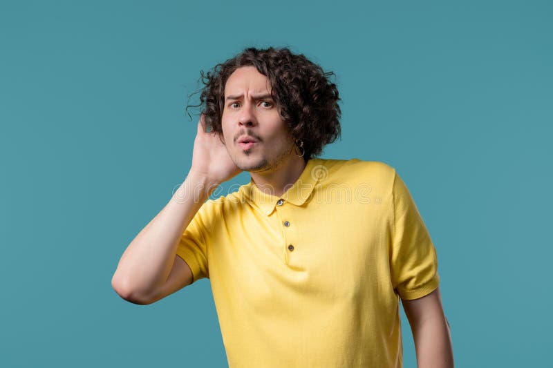 Curious Curly Haired Man Doesn T Hear,asking What.Quiet Sound,deaf ...