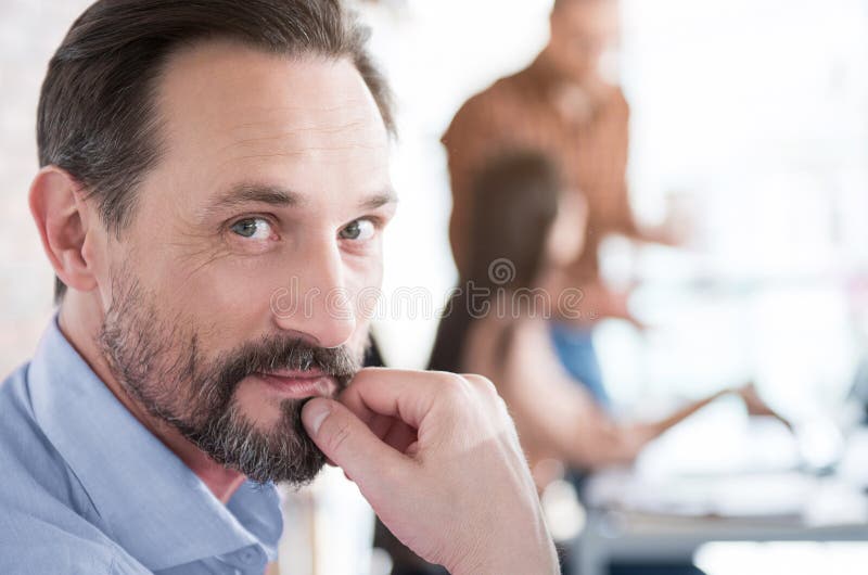 Interested Smiling Office Worker Glancing Stock Image - Image of ...