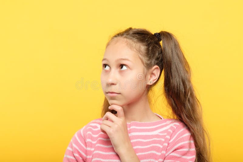 Interested Thoughtful Girl Looking Up Sideways Stock Photo - Image of ...