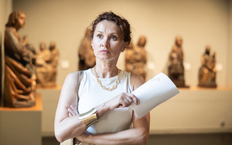 Interested Young Woman Looking Collection Medieval Sculptures Objects ...