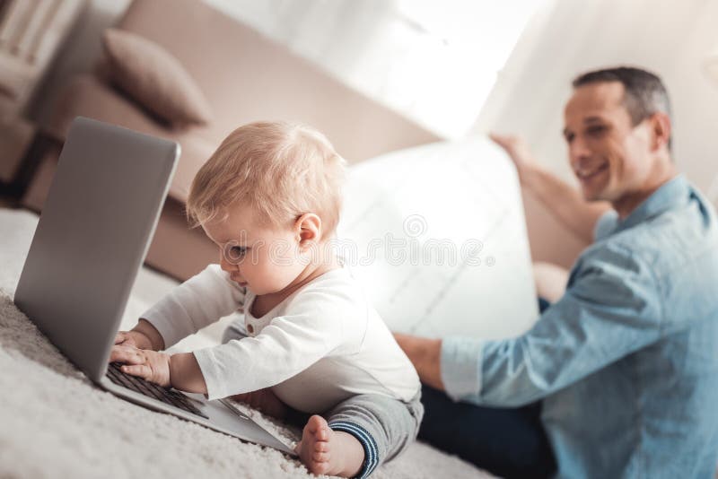 Cute Nice Baby Looking at the Keyboard Stock Image - Image of ...