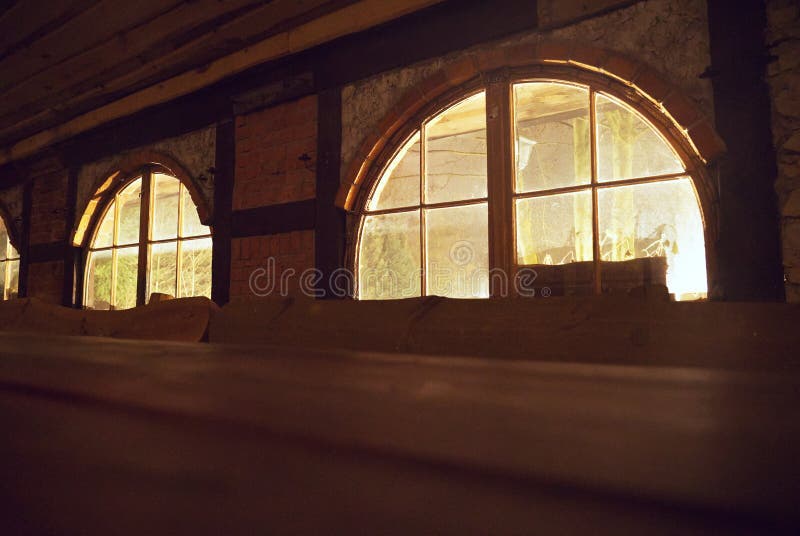 Sunrise, Empty Restaurant with Large Arched Windows. Stock Image ...