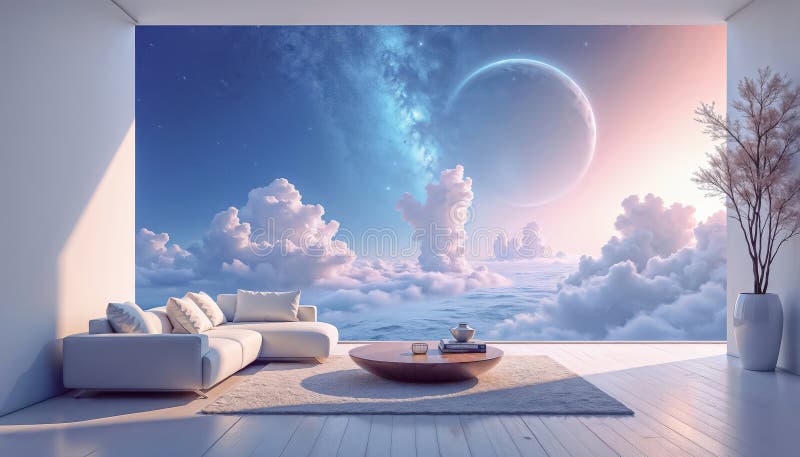 Interesting Interior of a Modern Living Room with a Space Theme Stock ...