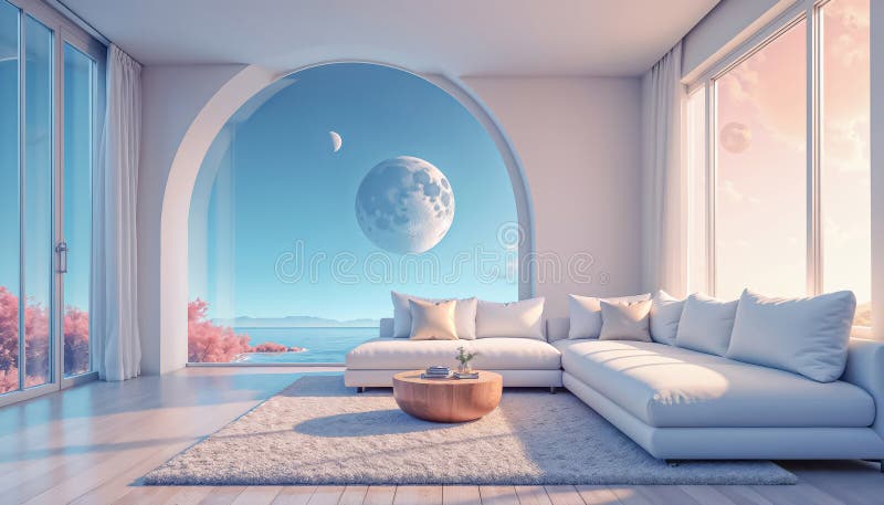 Interesting Interior of a Modern Living Room with a Space Theme Stock ...