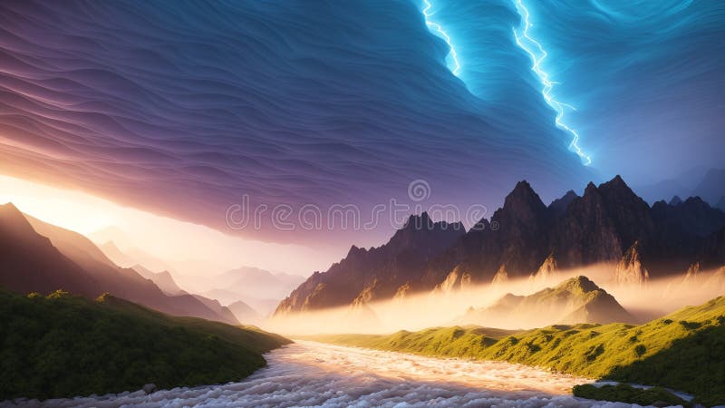 An Interesting Picture of a Mountain Scene with a River and Lightning ...