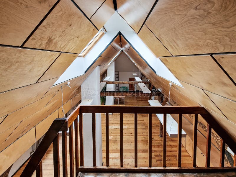 Interesting Upper Room with Sloped Ceiling Stock Photo - Image of site ...