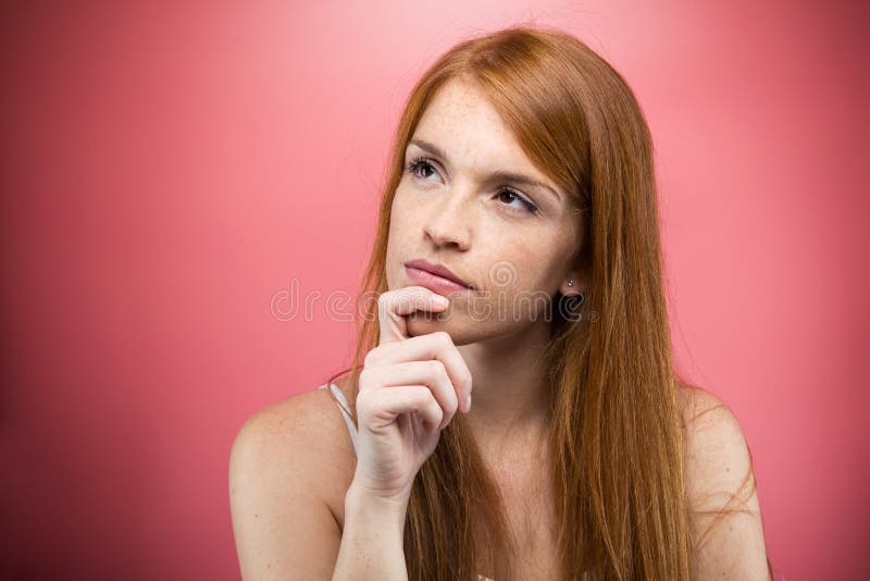 Interesting Young Woman Thinking on Work Ideas Over Pink Background ...