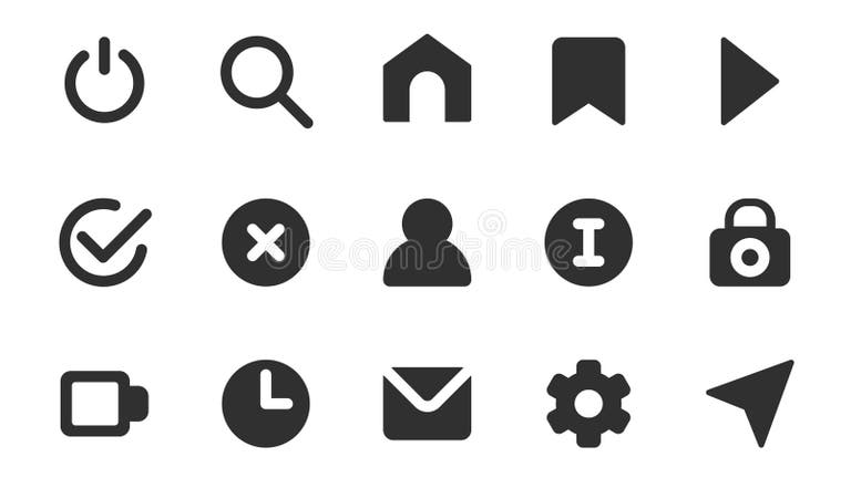 Interface Essential Glyph Icons Pack for Web Design. Solid Icon Set with Basic Buttons, Power on ...