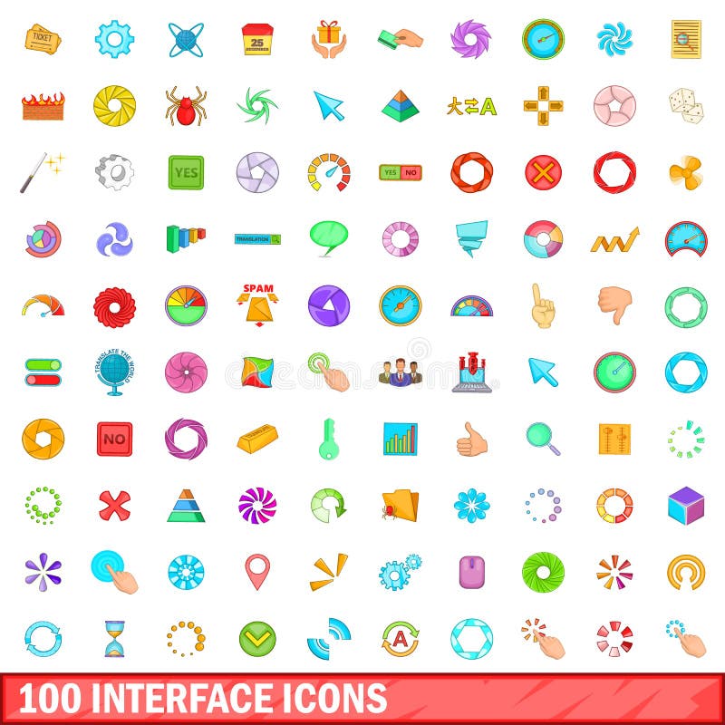 100 Interface Icons Set, Cartoon Style Stock Vector - Illustration of ...