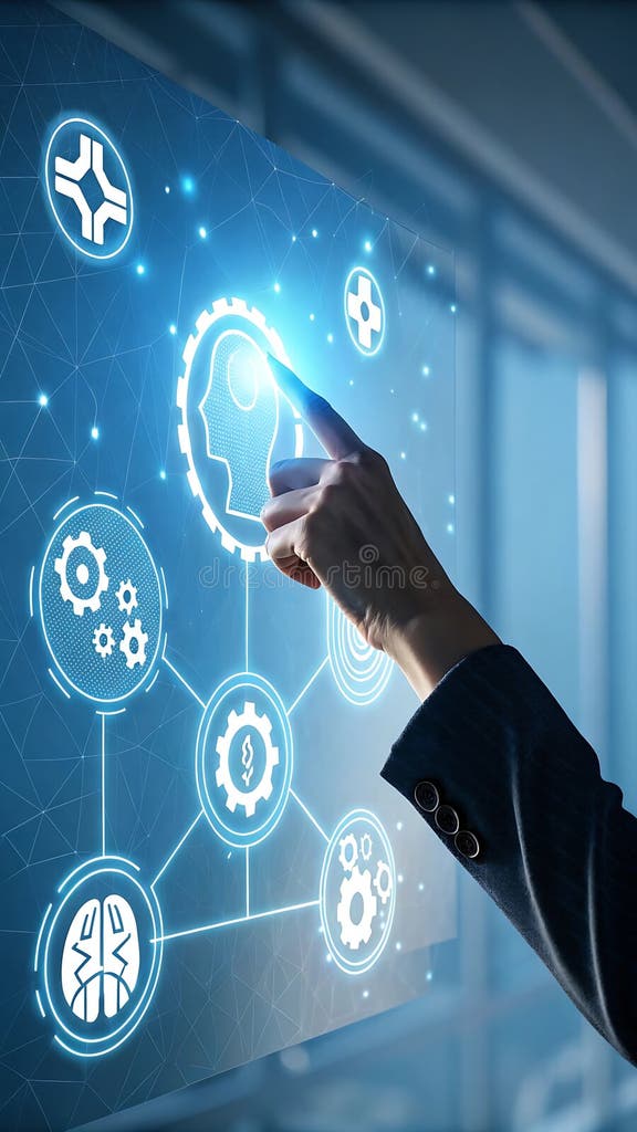 Interface Interaction: Hand Touching Glowing Icons on a Digital Screen ...