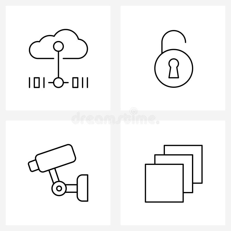 4 Interface Line Icon Set of Modern Symbols on Cloud, Cctv Camera ...