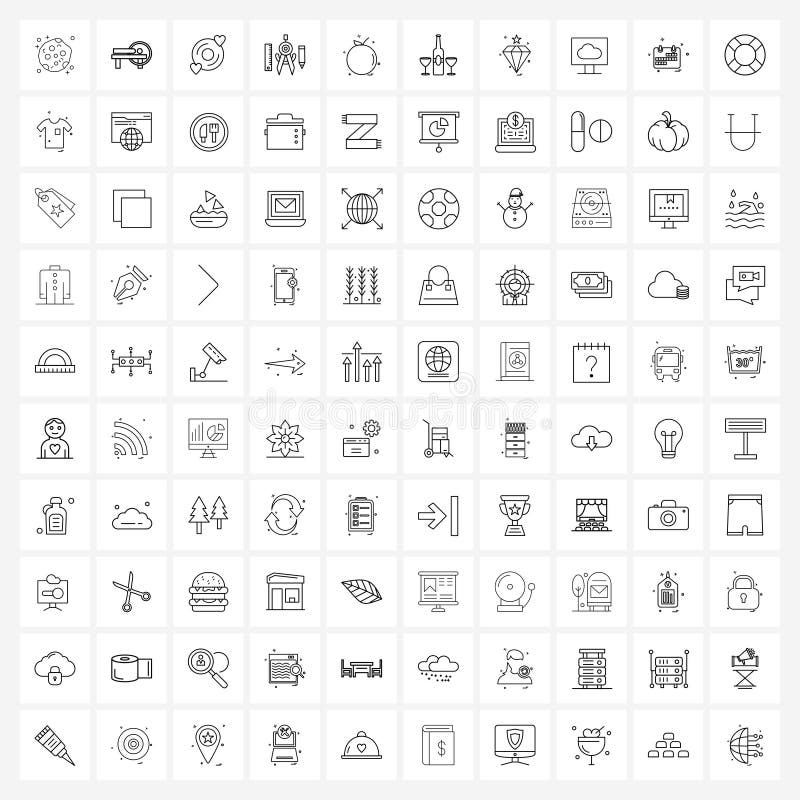 100 Interface Line Icon Set of Modern Symbols on Food, Geometry, Disk ...