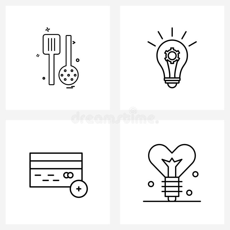 4 Interface Line Icon Set of Modern Symbols on Kitchen, Bulb, Bulb, Add ...