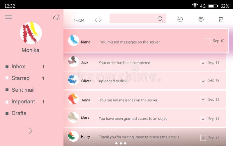 Interface of Mailbox, Illustration. User`s Account with Emails Stock ...