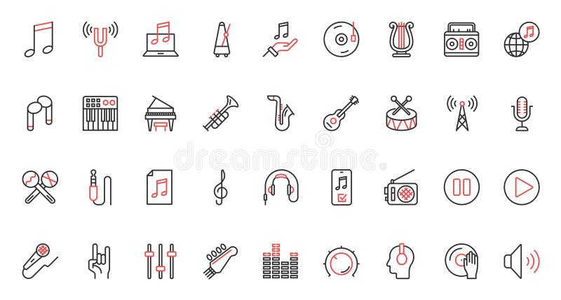 Music Trendy Red Black Thin Line Icons Set, Acoustic Instruments, Notes ...