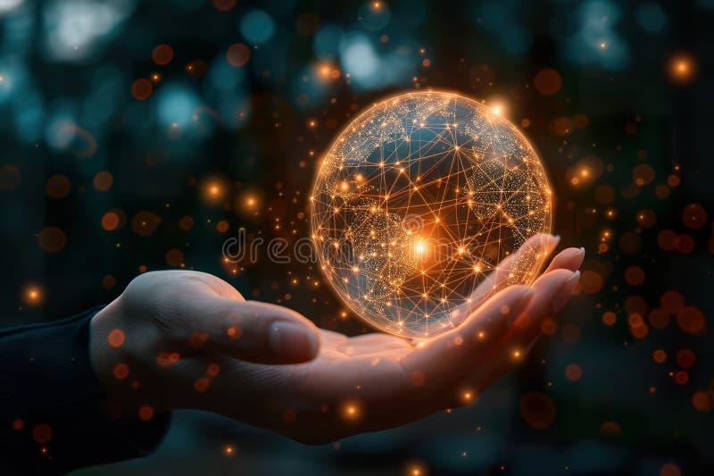 Interface Networks Connect Sphere on Hand. Stock Image - Image of ...