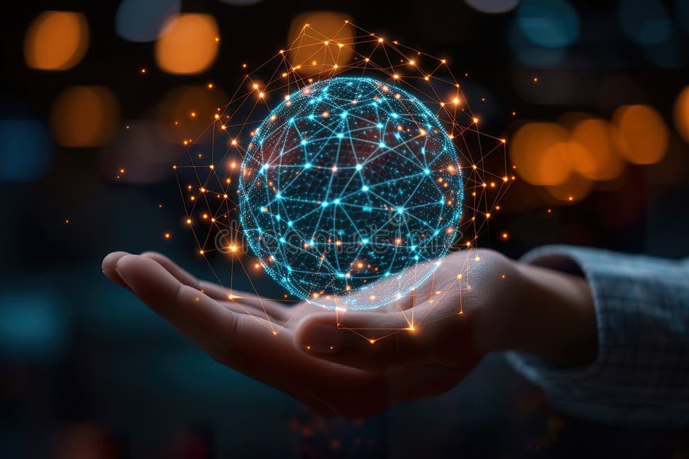 Interface Networks Connect Sphere on Hand. Stock Illustration - Illustration of exploding ...