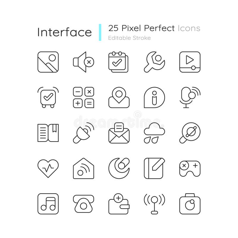 Interface Pixel Perfect Linear Icons Set Stock Vector - Illustration of ...