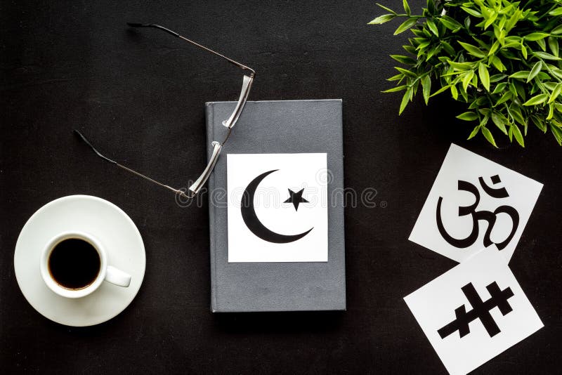 Interfaith Dialogue Concept. World Religions Symbols Near Book on Black ... Interfaith Dialogue Concept. World Religions Symbols Near Book on Black ...