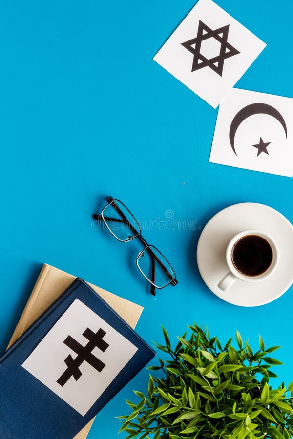 Interfaith Dialogue Concept. World Religions Symbols Near Book On Blue ... Interfaith Dialogue Concept. World Religions Symbols Near Book On Blue ...