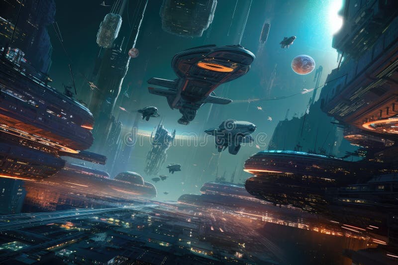 Intergalactic Chase Scene, with Spaceships of Different Shapes and ...