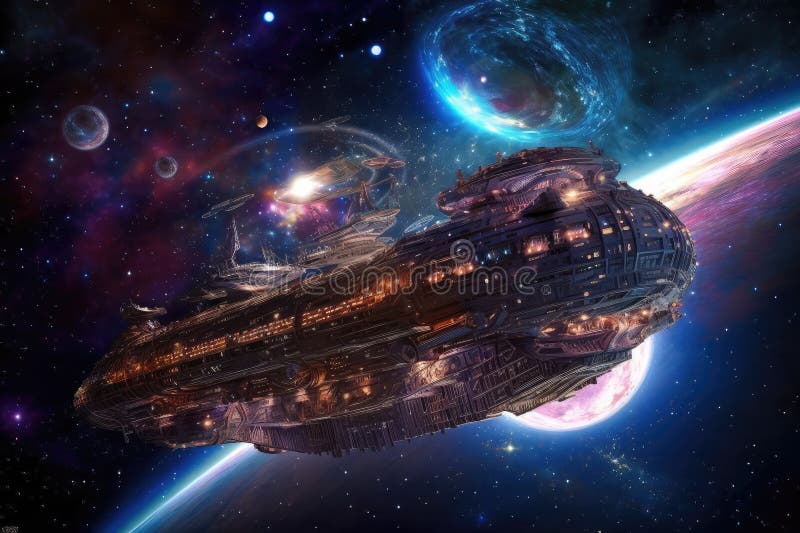 Intergalactic Cruiser with View of Swirling Galaxy, Planets and Stars ...