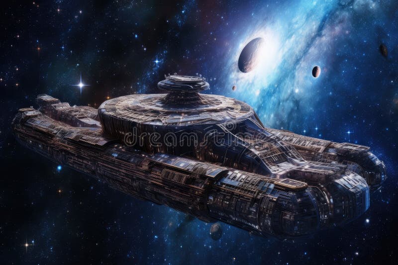 Intergalactic Cruiser with View of Swirling Galaxy, Planets and Stars ...