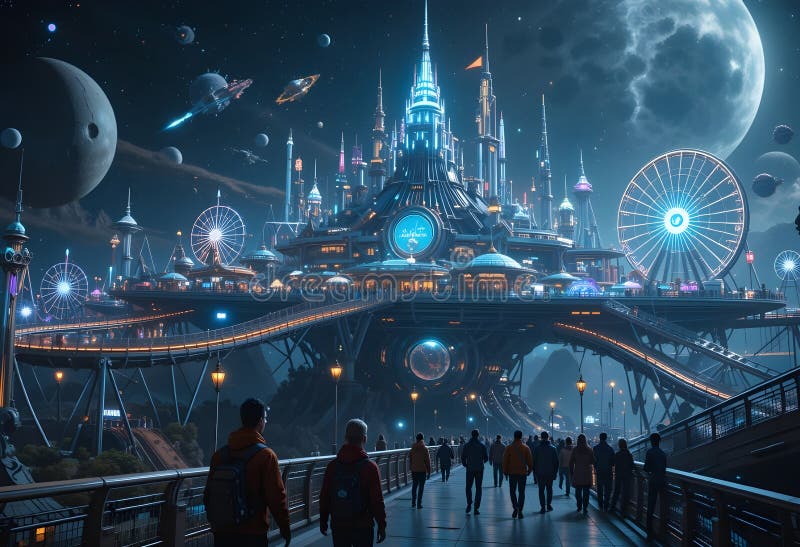 Intergalactic Theme Park with Anti-Gravity Rides Floating in Deep Space ...
