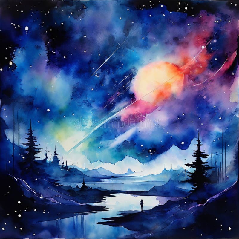 Intergalactic Watercolor Galaxy with Sci-Fi Elements Stock Illustration ...