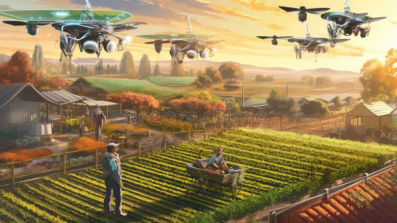Intergartion of Drones on a Farm Photo Realistic Illustration ... Intergartion of Drones on a Farm Photo Realistic Illustration ...