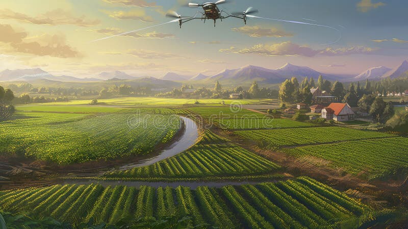 Intergartion of Drones on a Farm Photo Realistic Illustration ...