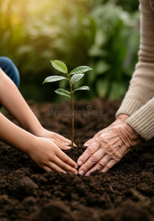 Intergenerational Hands Planting Young Sapling in Rich Soil Outdoors ...