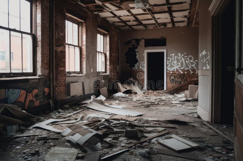 Interior of Abandoned Building, with Broken Windows and Debris ...