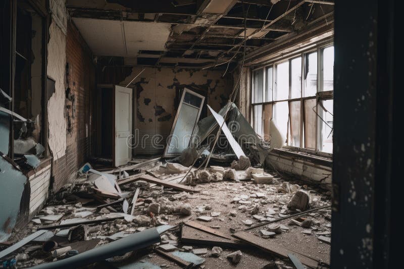 Interior of Abandoned Building, with Broken Windows and Debris ...