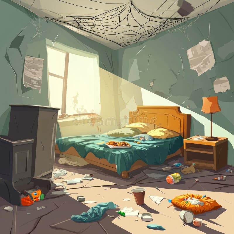 Interior of an Abandoned Room with a Broken Bed. Cartoon Vector ...