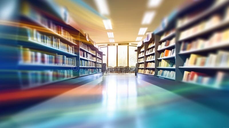 Interior of an Abstract, Blurry College Library. Bookshelves and a ...