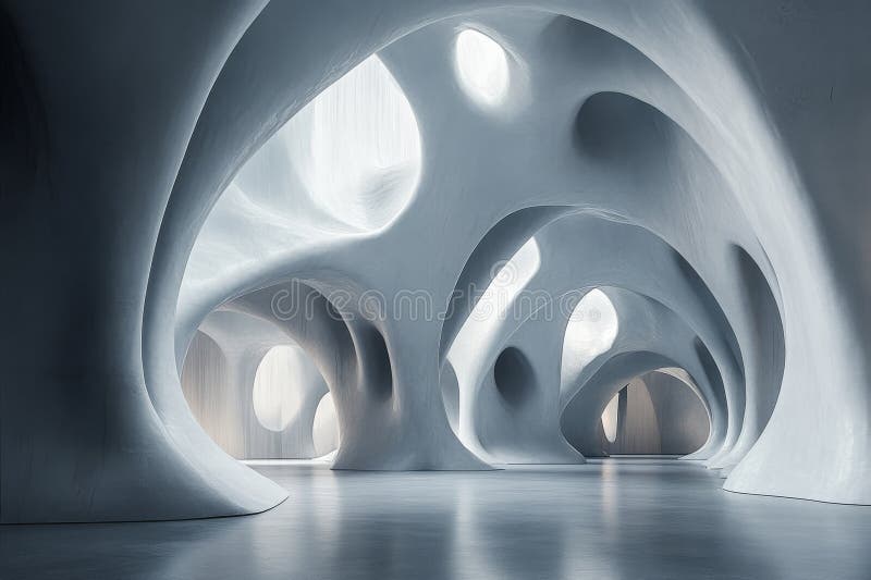 An Interior of Abstract Concrete Sculptures, with Flowing Forms and ...