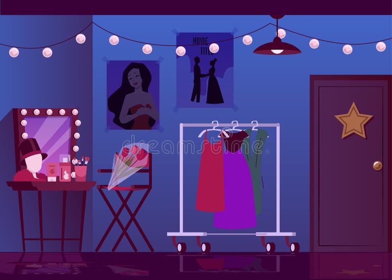 Interior of Actors Dressing Room with Table, Makeup Mirror, Wardrobe ...