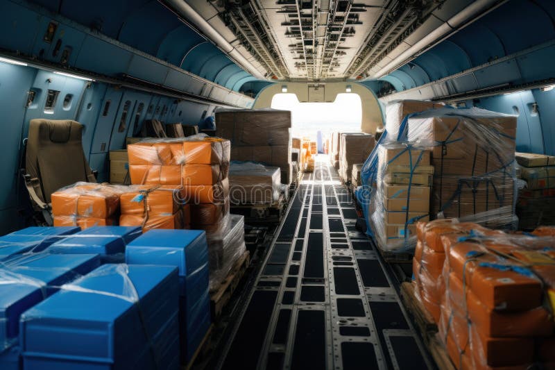Interior of the Airplane with Boxes of Goods on the Conveyor Belt Stock ...