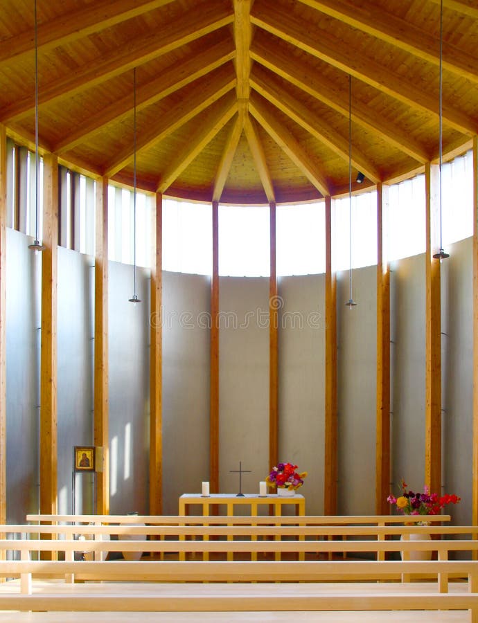 Front View of an Altar Inside a Modern Church Built of Warm Wood ...