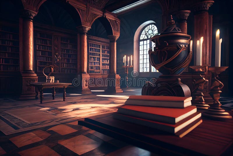 Interior of Ancient Library Stock Illustration - Illustration of stage ...