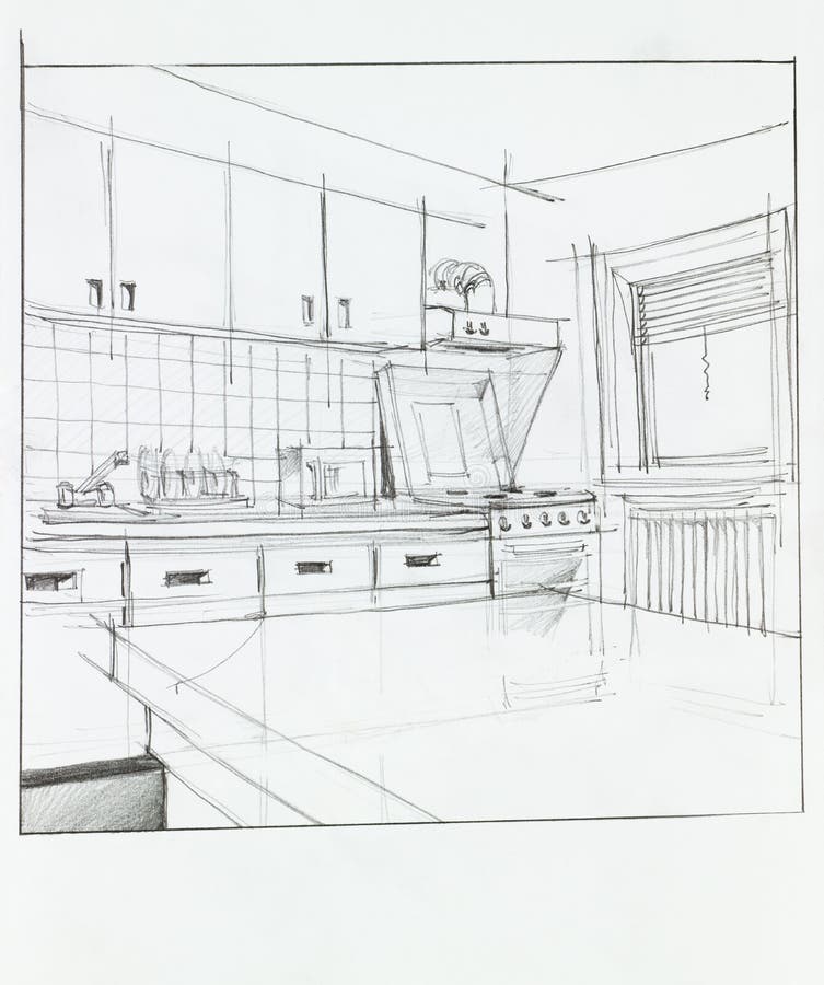Kitchen Interior Drawing, Vector Illustration Stock Vector ...