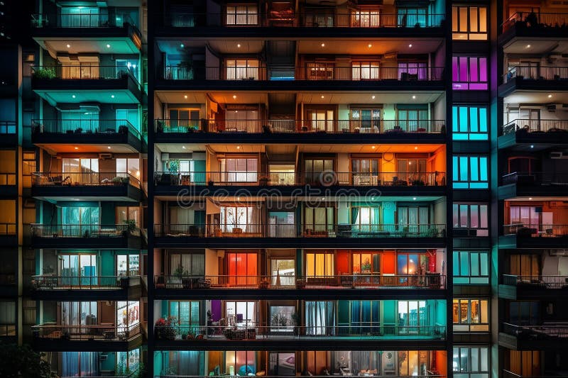 An Interior Apartment at Night with Many Balconies, in Style of ...
