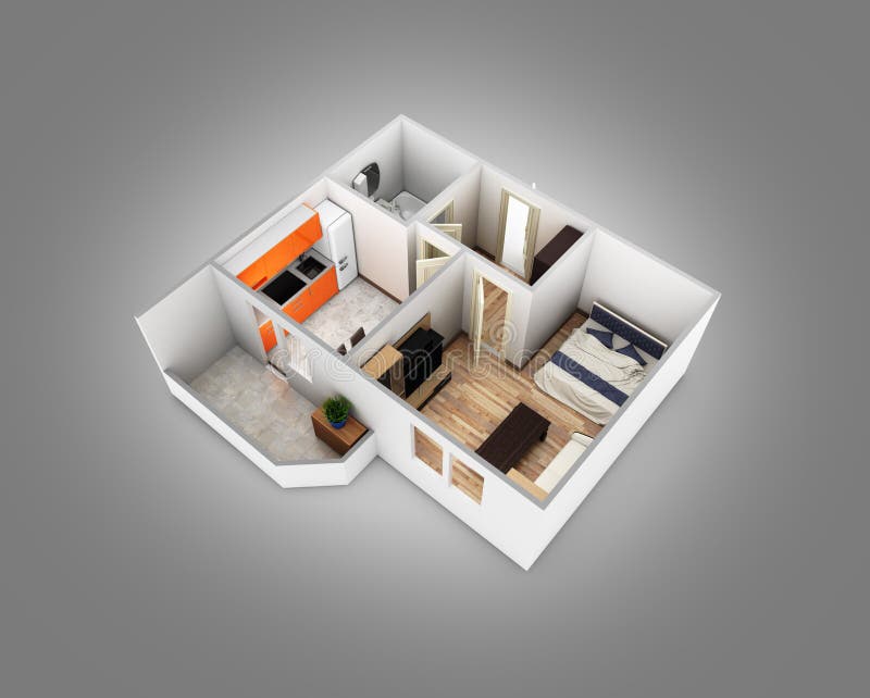 Interior Apartment Roofless Perspective View Apartment Layout on Grey ...