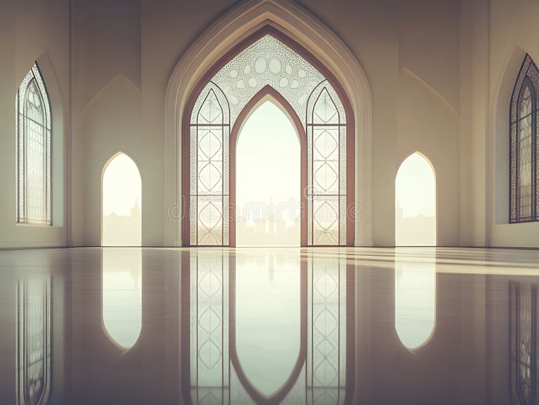 Interior with Arched Windows and Reflective Floor Showing Bright Light and Architectural Details ...