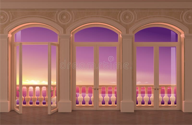 Interior with Arched Windows and Sea Views Stock Illustration ...