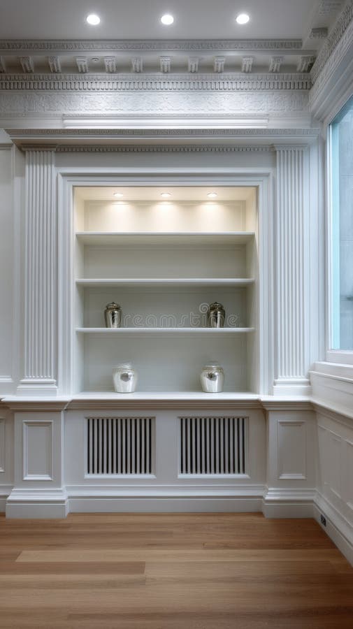 Interior Architectural Detail in All White Showcasing a Built in ...